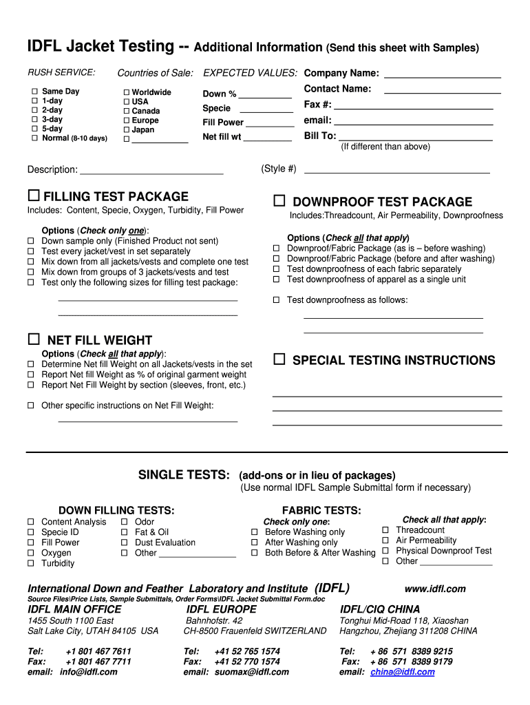 Fillable Online IDFL Sample Submittal Form - DOWNPROOF/FILLPROOF - IDFL.com Fax Email Print ...