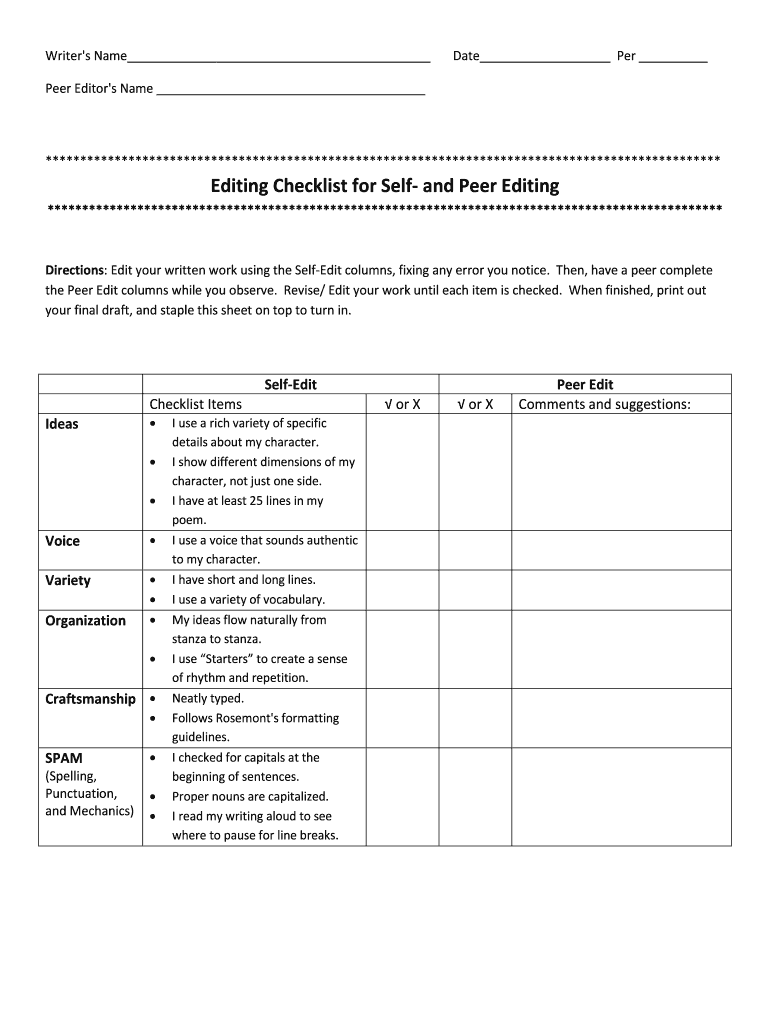 Fillable Online blogs rrms wlwv k12 or Editing Checklist for Self- and ...