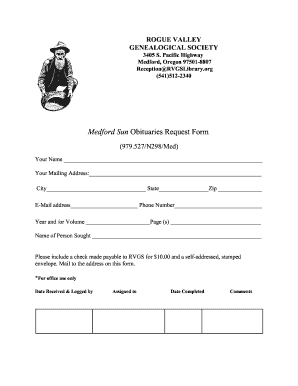 Fillable Online rvgslibrary Medford Sun Obituaries Request Form Fax Email Print - pdfFiller
