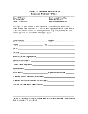 Fillable Online Ministry Request Form - Daniel K Norris Ministries Fax ...