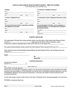 Fillable Online bozelaw Partial Release of Stop Payment Notice ...