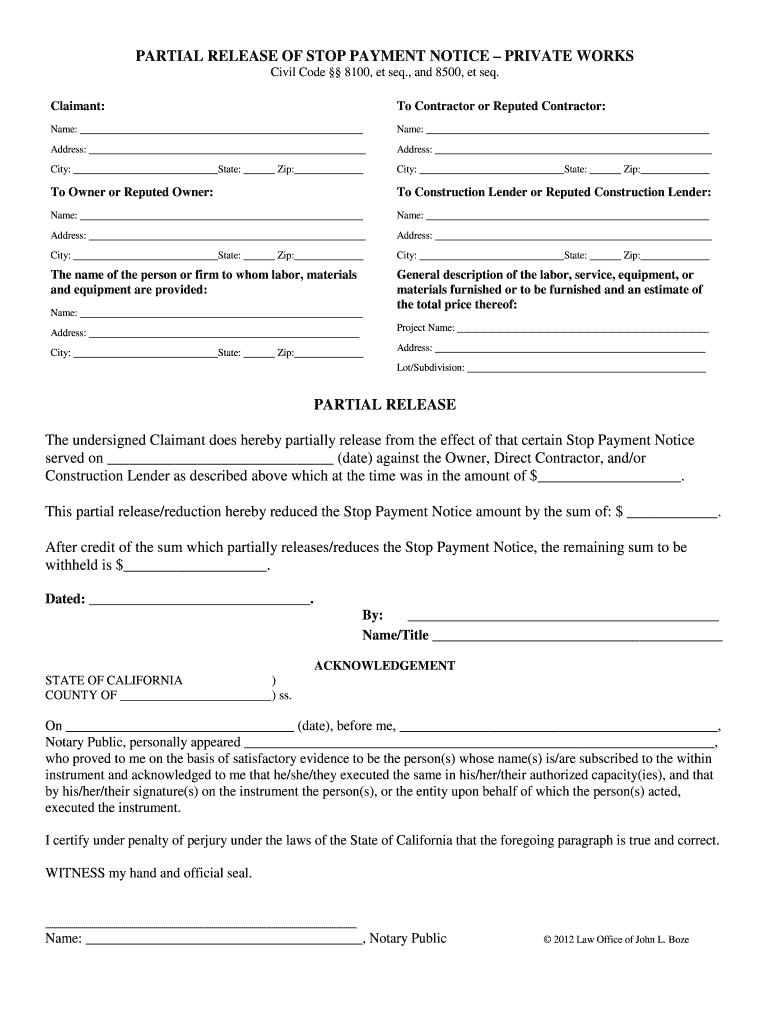 Fillable Online bozelaw Partial Release of Stop Payment Notice ...