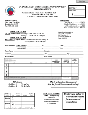 Fillable Online 4 ANNUAL GSA USBC ASSOCIATION OPEN CITY ENTRY ...