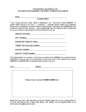 Fillable Online ACH Agreement Form - Yates Wood Fax Email Print - pdfFiller