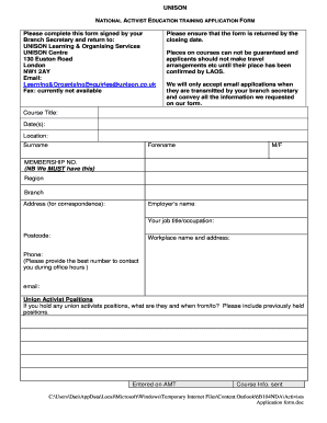 Fillable Online unison-newcastle org UNISON NATIONAL ACTIVIST EDUCATION ...