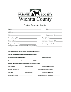 Fillable Online Foster Care Application - Humane Society of Wichita ...