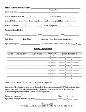 Fillable Online HRA Enrollment Form - bflexsourceonebbcomb Fax Email ...