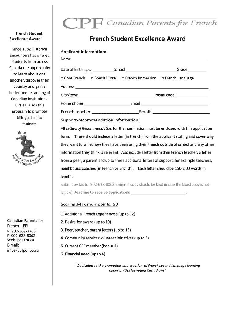 Fillable Online pei cpf French Student Excellence Award - Canadian Parents for French PEI - pei ...
