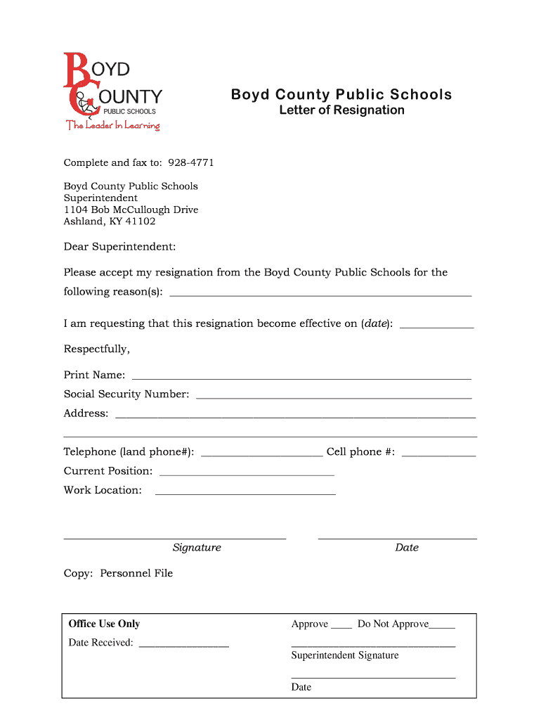 Fillable Online boyd kyschools Boyd County Public Schools Letter of Resignation - boyd kyschools ...