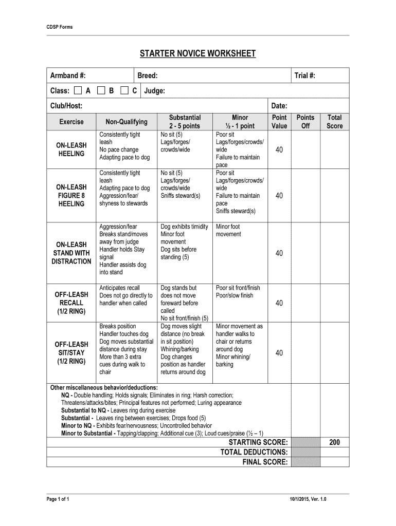Fillable Online Starter novice worksheet - Companion Dog Sports Program ...