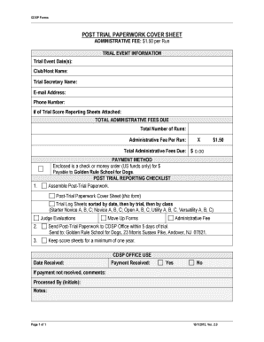 Fillable Online POST TRIAL PAPERWORK COVER SHEET ADMINISTRATIVE FEE Fax ...