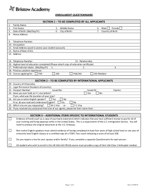 Fillable Online ENROLLMENT QUESTIONNAIRE SECTION 1 TO BE COMPLETED BY ...