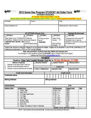 Fillable Online clearfallsband 2012 Game Day Program STUDENT Ad Order ...