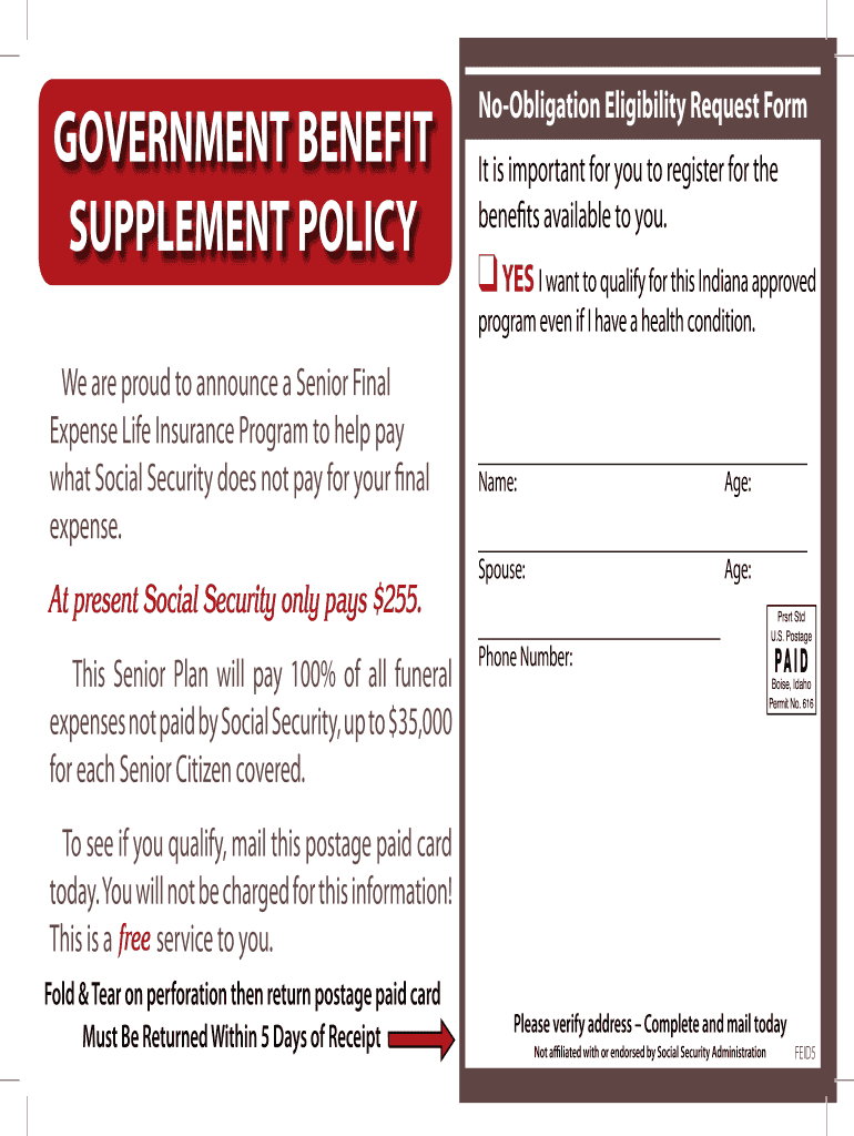 Fillable Online GOVERNMENT BENEFIT No-Obligation Eligibility Request ...