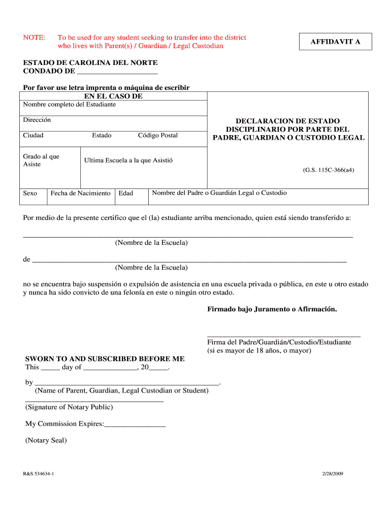 North Carolina Student Residency Affidavit - Plantilla Rellenable en ...