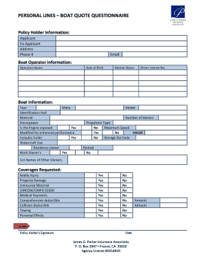 Fillable Online JGP PL Boat Quote Questionnaire - James G Parker ...