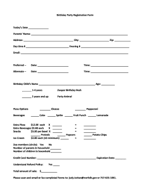 Fillable Online Birthday Party Registration Form - Virginia Zoo Fax ...