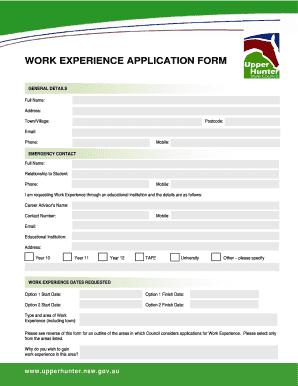 Fillable Online upperhunter nsw gov Work Experience Application form ...