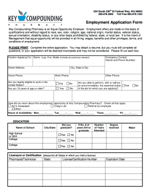 Fillable Online Employment Application Form - Key Compounding Pharmacy Fax Email Print - pdfFiller