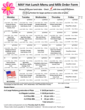 Fillable Online stbenedictacademy MAY Hot Lunch Menu and Milk Order ...