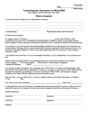 Fillable Online Ethics Complaint Form - Toledo Regional Association of ...