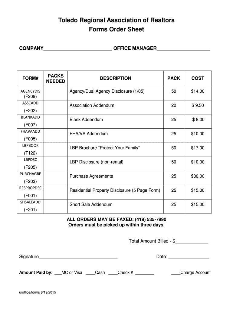 Fillable Online TBR FORMS ORDER SHEET - toledorealtorscom Fax Email ...