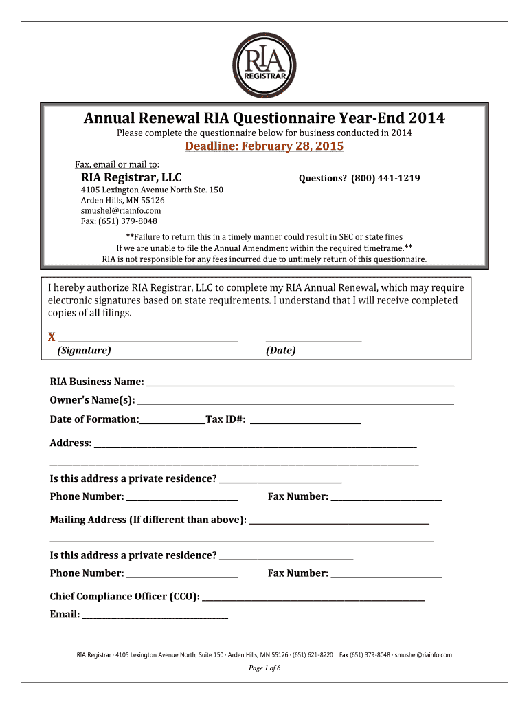 Fillable Online Annual Renewal RIA Questionnaire Year-End 2014 Fax ...