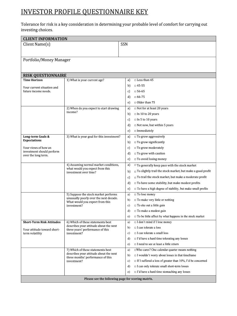 Fillable Online INVESTOR PROFILE QUESTIONNAIRE KEY - RIA Registrar Fax ...