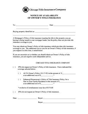 Fillable Online Notice of availability of owner's title insurance ...
