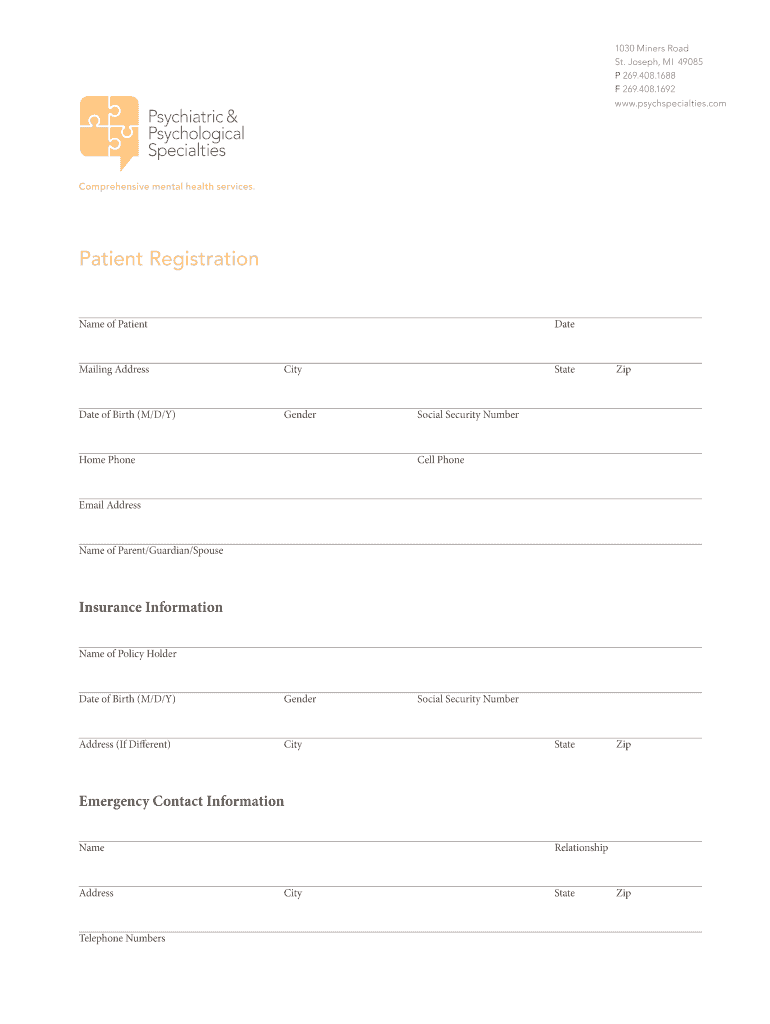 Fillable Online Patient Registration - Psychiatric & Psychological ...
