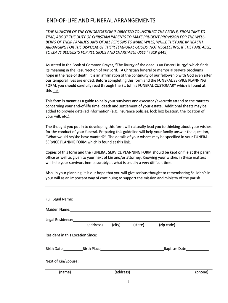Fillable Online stjohnscville End-of-Life and Funeral Arrangements Form ...