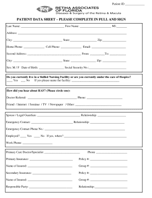 Fillable Online PATIENT DATA SHEET PLEASE COMPLETE IN FULL AND SIGN Fax Email Print - pdfFiller