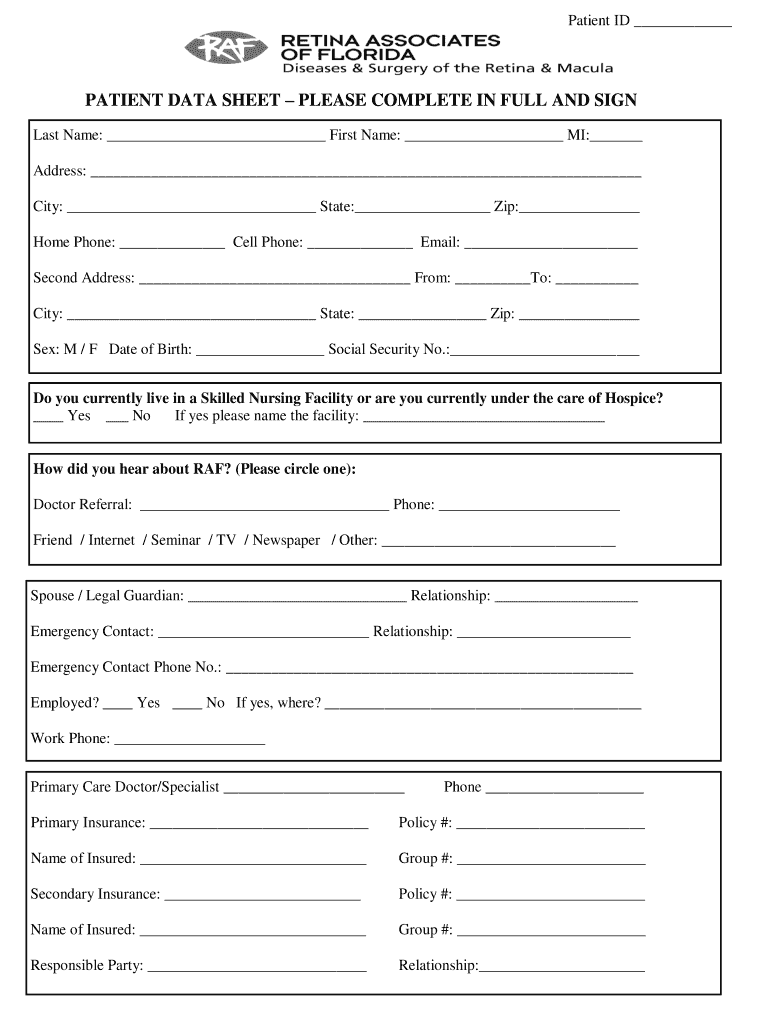 Fillable Online PATIENT DATA SHEET PLEASE COMPLETE IN FULL AND SIGN Fax ...