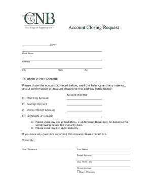 Fillable Online Account Closing Request - bCNBb bBankb Fax Email Print ...
