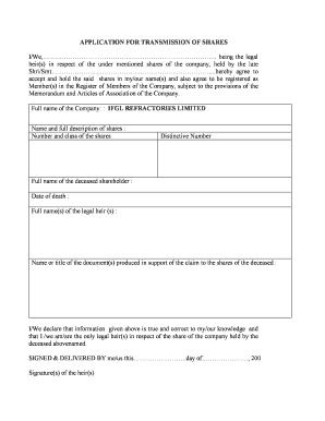 Fillable Online APPLICATION FOR TRANSMISSION OF SHARES Fax Email Print ...
