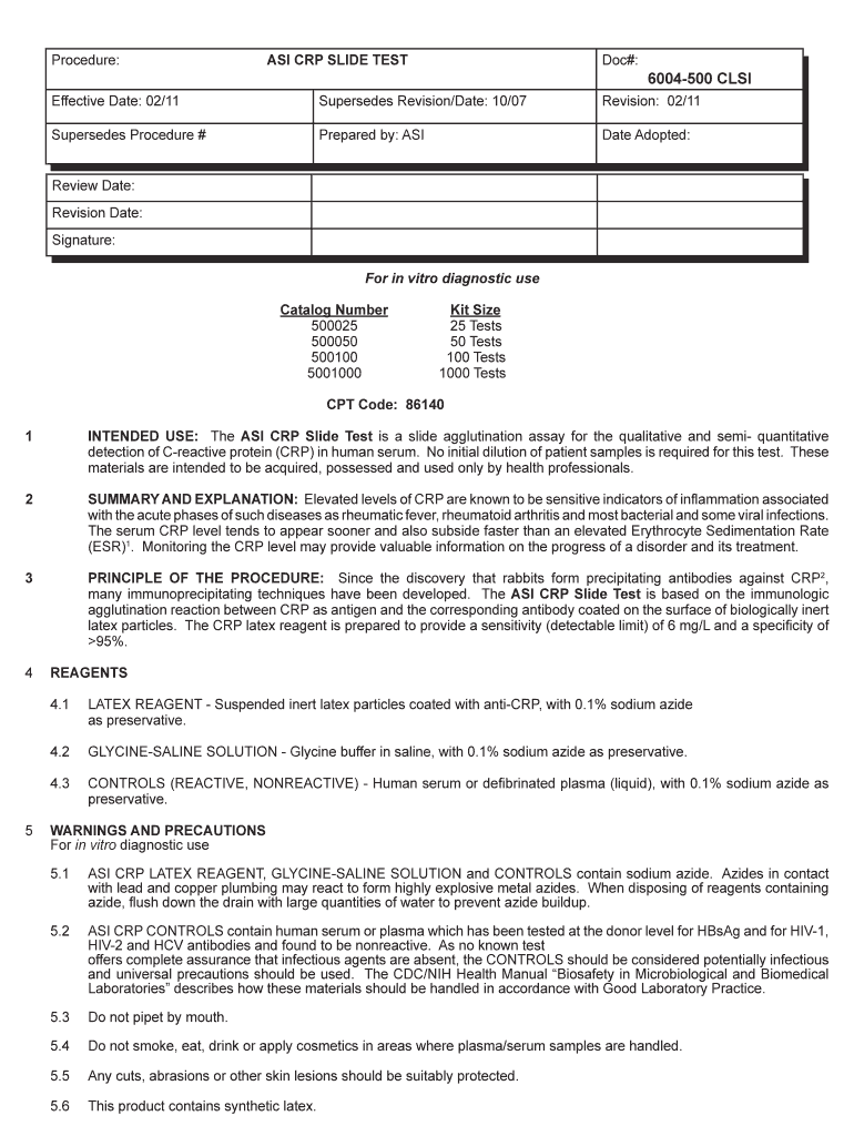 Fillable Online ASI CRP Slide 100 Test Kit - Low-Price Guarantee Fax ...