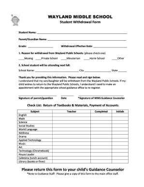 Fillable Online Student Withdrawal Form & Check List Fax Email Print ...