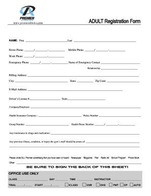 Fillable Online Adult Participant Registration Form - Premier Athletics ...