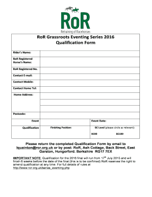 Fillable Online ror org ROR GRASSROOTS EVENTING QUALIFICATION FORM 2016 ...