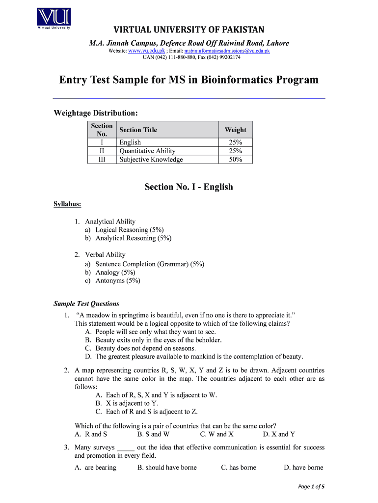 Fillable Online Entry Test Sample for MS in Bioinformatics Program Fax ...