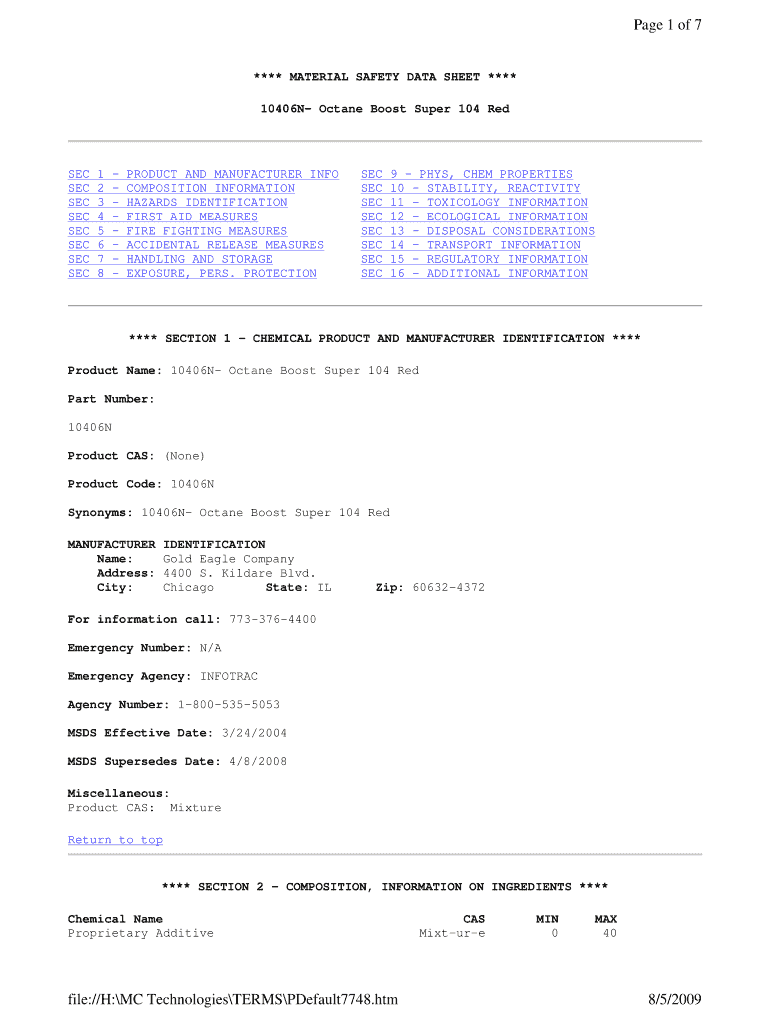 Fillable Online Page 1 of 7 **** MATERIAL SAFETY DATA SHEET **** 10406N ...