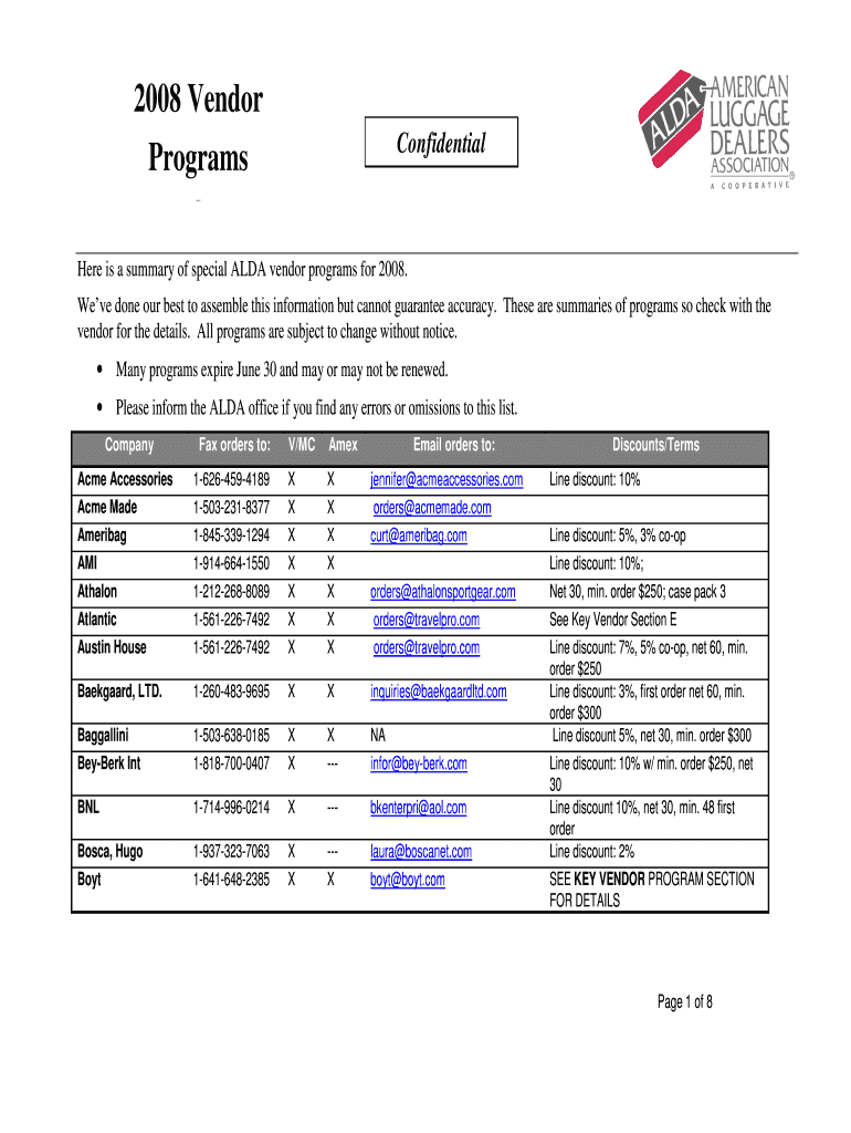 Fillable Online 2008 Vendor Programs 2008 Vendor Programs Fax Email ...