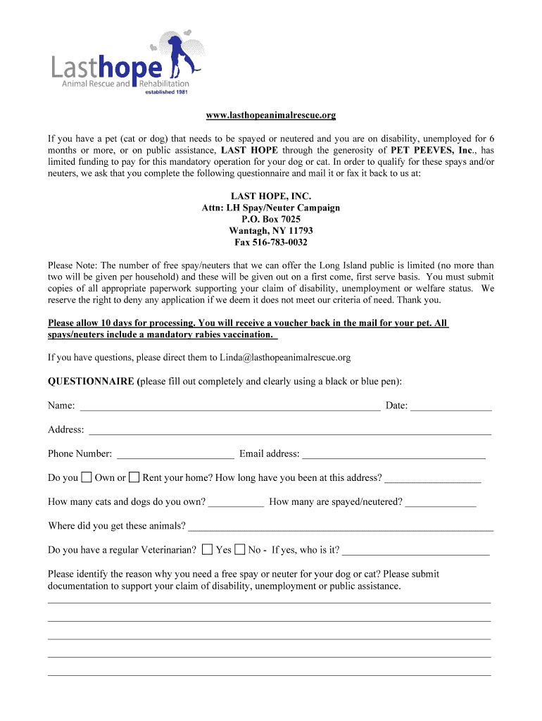 Fillable Online lasthopeanimalrescue QUESTIONNAIRE (please fill out completely and clearly using ...