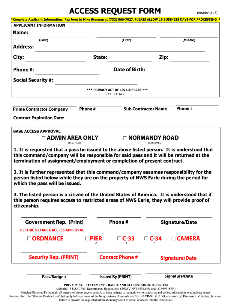 Fillable Online ACCESS REQUEST FORM Revision 2-13APPLICANT INFORMATION ...