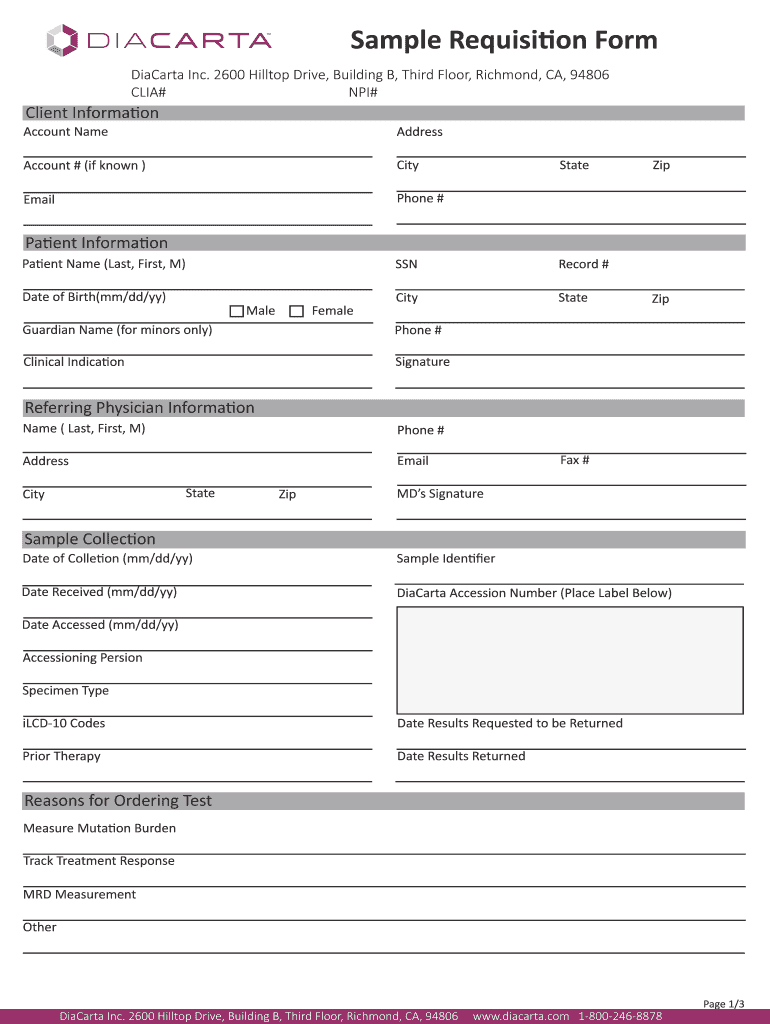 Fillable Online Sample Requisition bFormb - DiaCarta Fax Email Print - pdfFiller