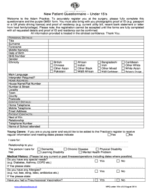 Fillable Online adampractice co New Patient Questionnaire Under 15 ...