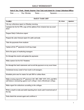 Fillable Online End of Day, Week, Month, Quarter, Year Task work sheets ...