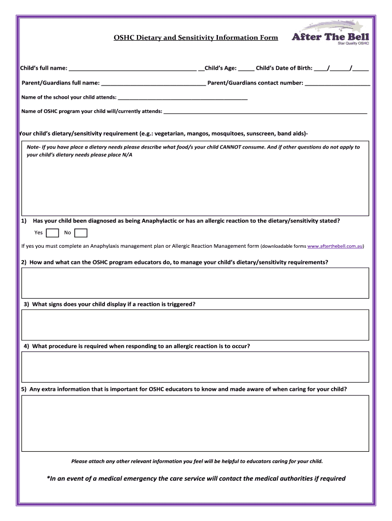 Fillable Online OSHC Dietary and Sensitivity Information Form - After ...