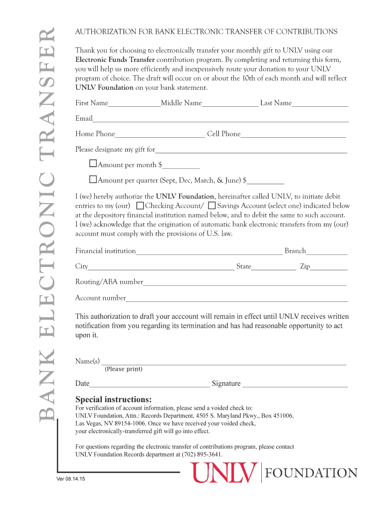 Fillable Online netcommunity unlv AUTHORIZATION FOR BANK ELECTRONIC ...