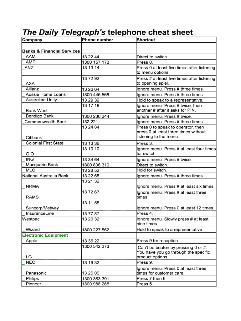 Fillable Online The Daily Telegraph's telephone cheat sheet Fax Email ...